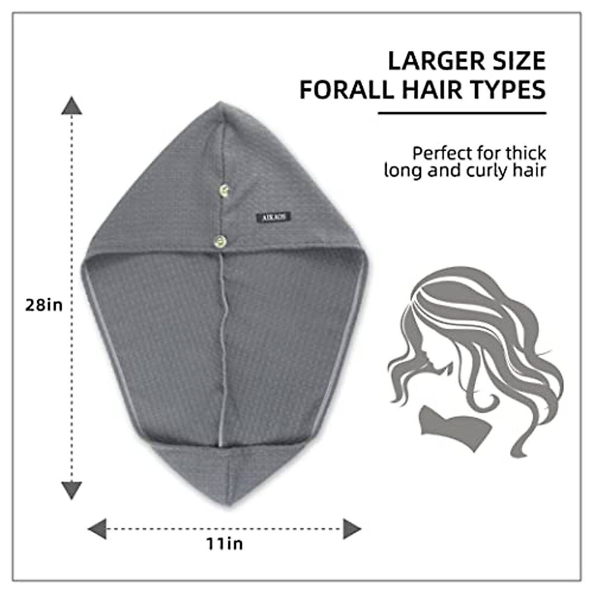 AIKAOS Microfiber Hair Towel Wrap for Women and Men,2 Button-Loop Closure,Super Absorbent Quick Hair Drying Waffle Weave Towels for Drying Curly, Long,Thick Hair ((Grey))