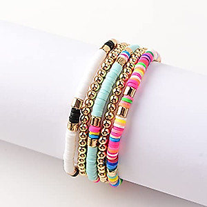 GOOJIDS Surfer Heishi Clay Bead Bracelets for Women Bohemian Stackable Evil Eye Vinyl Disc Beaded Stretch Bracelets Elastic Layering Friendship Bracelets Boho Jewelry (C-White 5pcs)