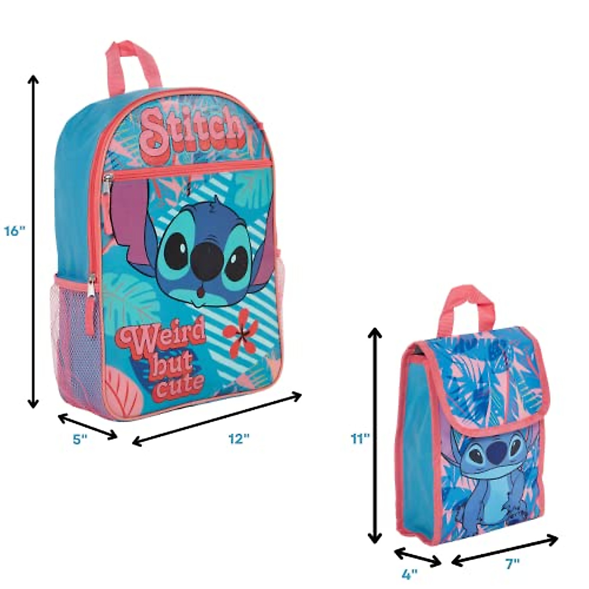 Disney Stitch Backpack Set for Kids, 16 inch with Lunch Bag and Water Bottle