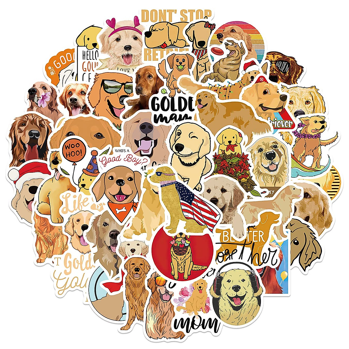 50Pcs Golden Retriever Stickers, Waterproof Vinyl Stickers Decals for Laptop Water Bottle Phone Luggage, Cute Cartoon Dog Stickers Pack