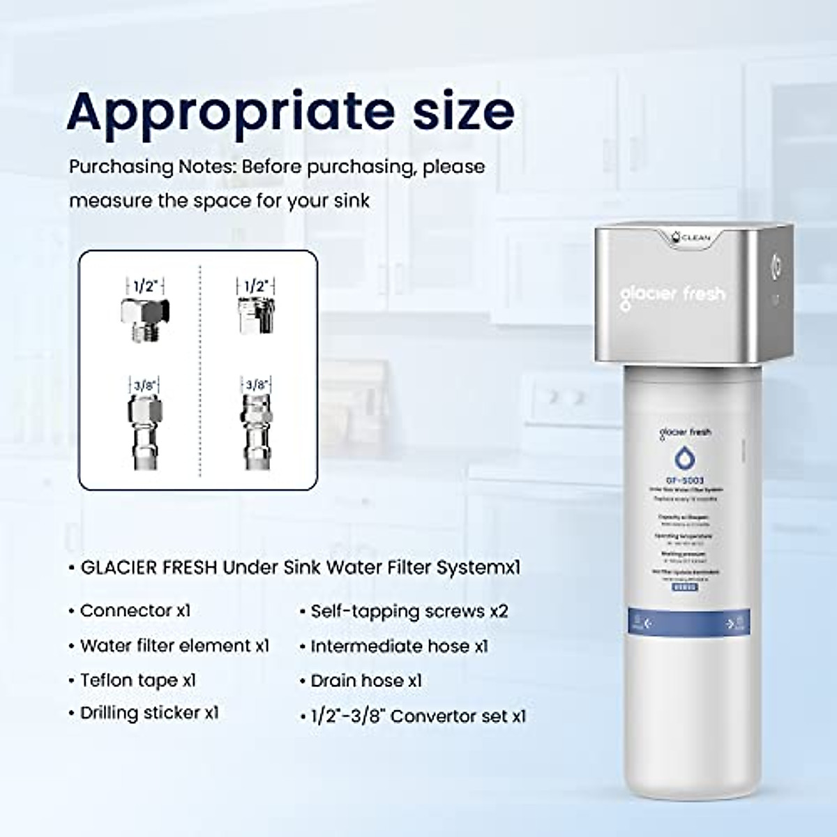 GLACIER FRESH Under Sink Water Filter System, Connect Under Counter Drinking Water System with Kitchen Faucet, 10000 Gallons Water Filtration System for Kitchen Sink, Removes Chlorine, White