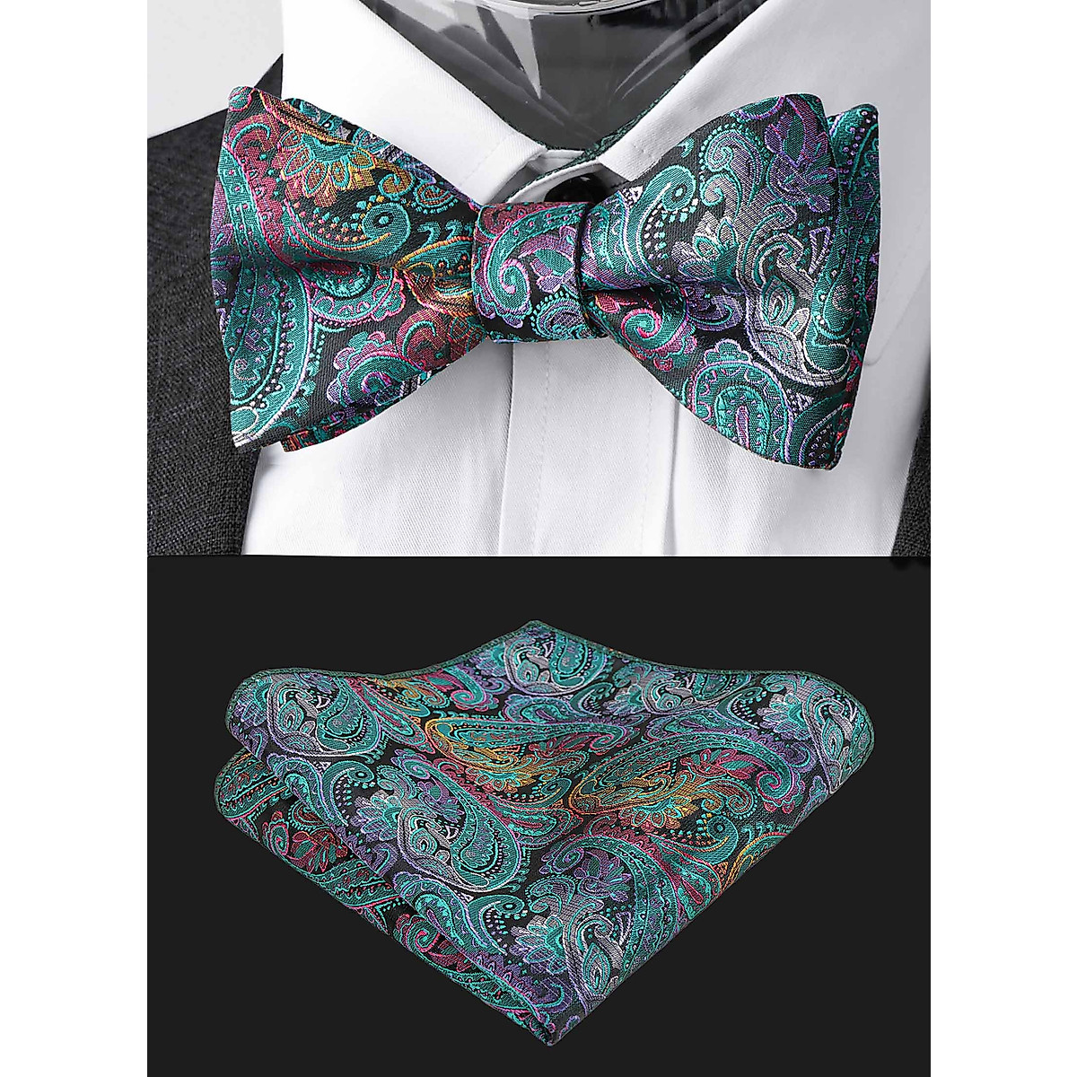 Alizeal Men's Retro Paisley Self-Tie Bow Tie and Handkerchief Set (Peacock Blue)