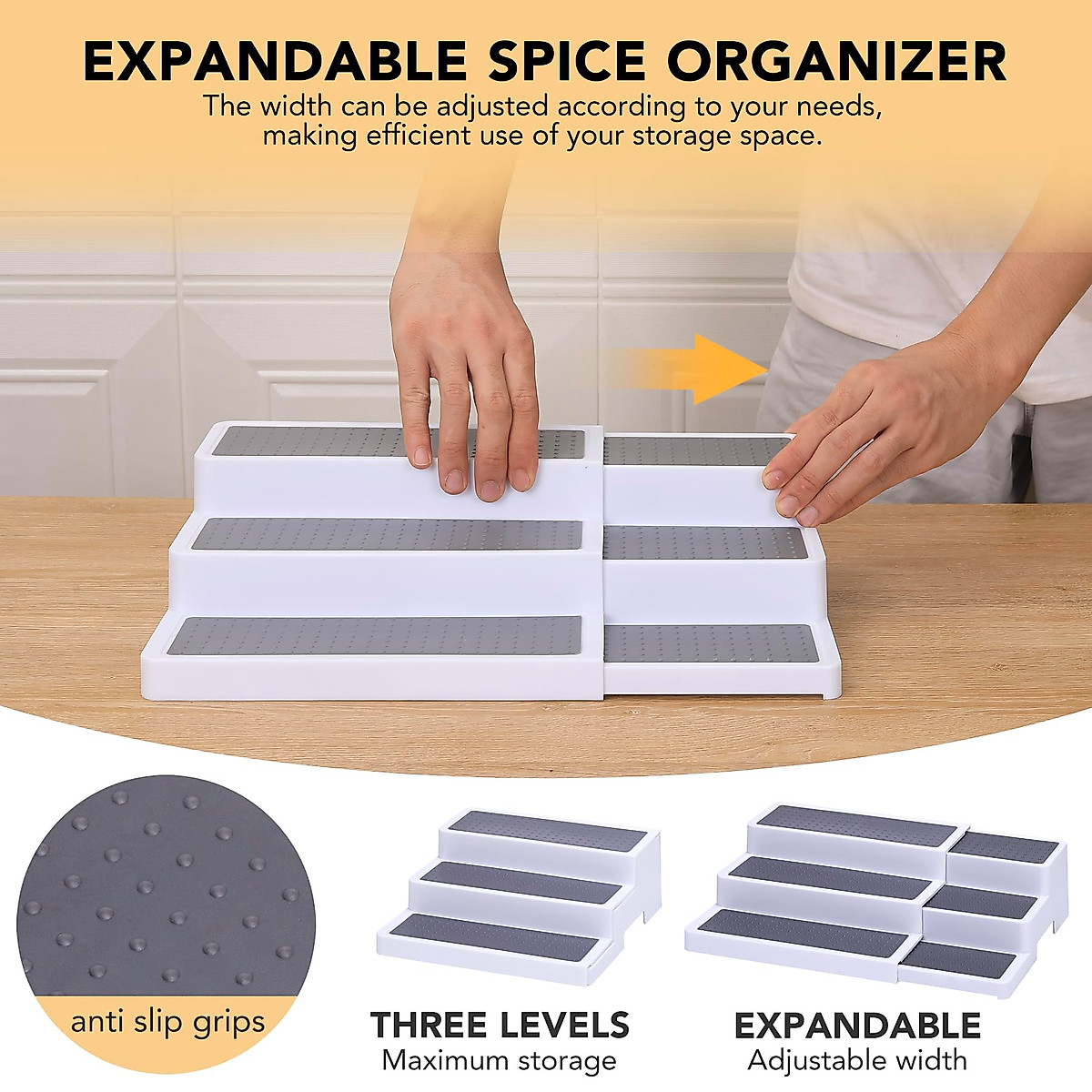 3-Tier Expandable Spice Rack, Plastic Spice Rack Organizer for Cabinet, Adjustable Length, Non-Skid Spice Shelf Organizer for Kitchen Cabinet, Countertop or Pantry, 2 Pack, White/Grey