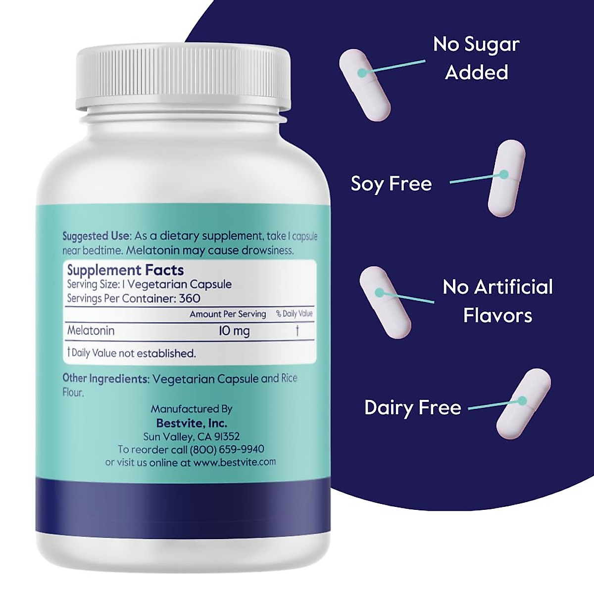 BESTVITE Melatonin 10 mg - 360 Veg Caps - No Stearates - No Sucralose, No Dextrose, No Silicon Dioxide, No Mannitol - Vegan - Non-GMO - Gluten-Free - Sleep Aid to Support Rest & Wake Cycles