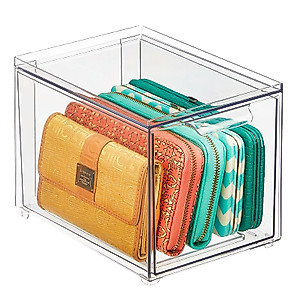 mDesign Plastic Closet Organizer Bin w/Pull Out Drawer - Slim Stackable Storage for Closet - Organization for Accessories, Bags, Totes, Small Linens, and More - Lumiere Collection - 2 Pack - Clear