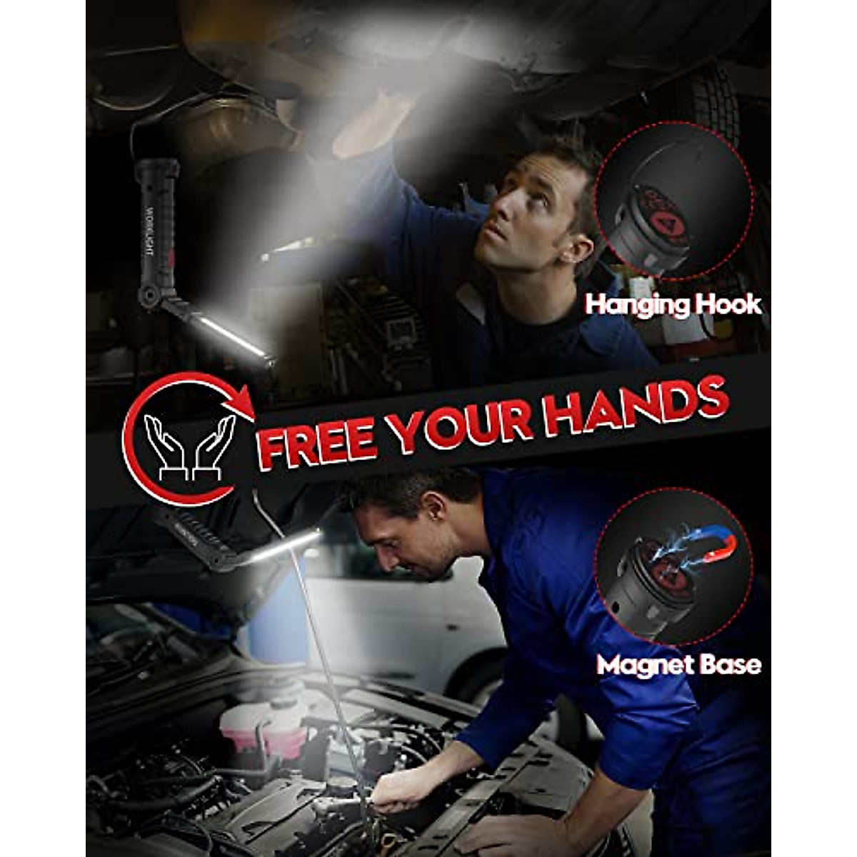 Coquimbo Tool Gifts for Men, Rechargeable LED Work Lights Grill Light Flashlights with Magnetic Base 5 Modes 360° Rotate(2pack Black)