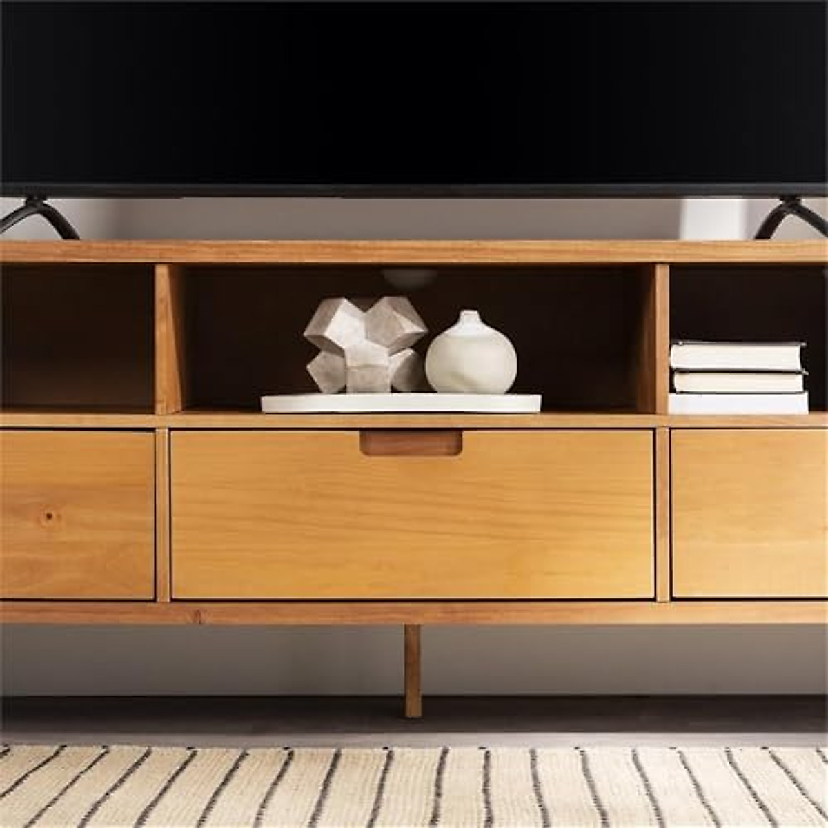Walker Edison Millie Mid Century Modern 3 Drawer Solid Wood Low Stand for TVs up to 80 Inches, 70 Inch, Caramel