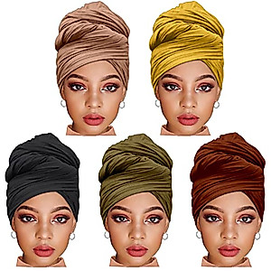 ZRQ 5 Pieces Solid Color Multicolor Combination Stretch Hijab Extra Long Scarf Jersey Turban Fashion Head Scarf Soft Head Wraps for Women (Black,Camel,Coffee,Army Green,Turmeric)