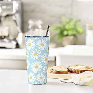 CHASOEA Daisy Flowers Tumbler 20oz Floral Stainless Steel Insulated Tumblers with Lid and Straw Light Blue Travel Coffee Mug Tea Wine Cups Water Bottle Sport Gifts for Women