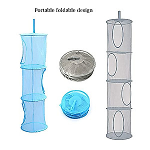 JIELUO 2pcs Hanging Mesh Storage Organizer Bag Foldable Space Saving Organizer with 2pcs S Hooks for Room Bathroom Wall Balcony Wardrobe(Grey，Blue)