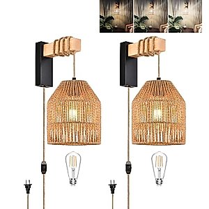 ZECOXOL Rattan Wall Sconce Boho Decor Plug in Set of Two Wicker Lamp with Cord Dimmable Woven Hanging Lamps That Into Outlet Rustic Light for Bedroom Living Room Black 001