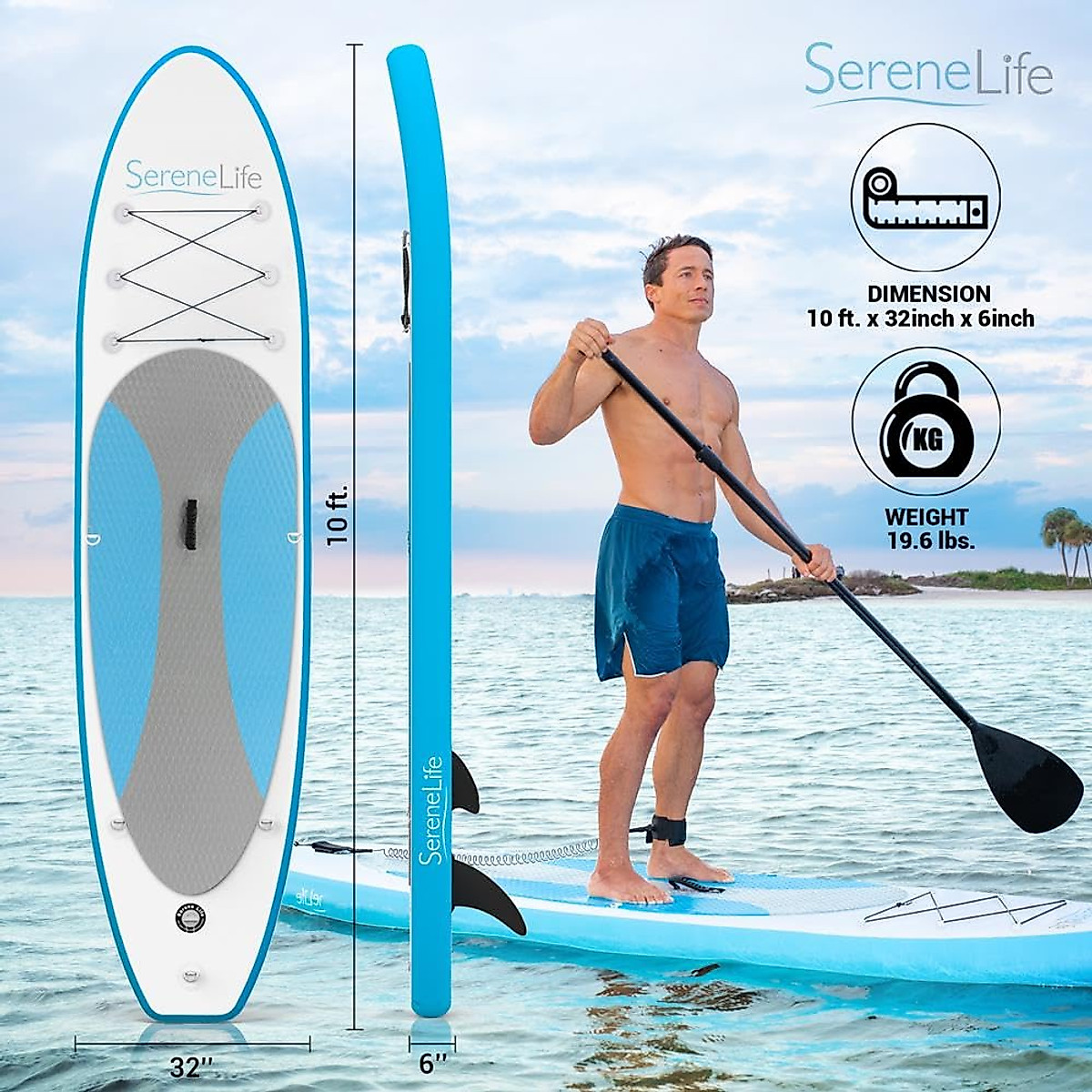 SereneLife Stand up Paddle Board Inflatable - Non-Slip SUP Paddle Board Paddle, Pump, Leash, and Accessories - Fun Water inflatable paddle board for Adults and Youth with Wide Stable Design