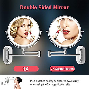 Rechargeable Lighted Wall Makeup Mirror, 2-Sided 1X 7X Magnifying, 8 Inch Lighted Wall Mount Mirror with Medical-Grade 3 Color Lights, Touch Screen Dimming, Extended Arm 360 Rotation (Chrome)