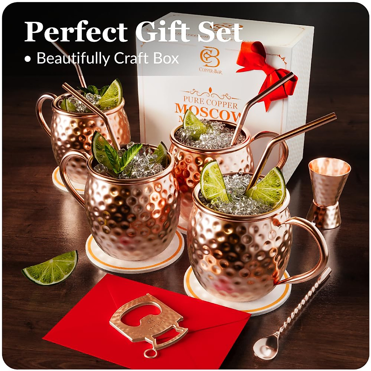 Moscow Mule Copper Mugs | Set of 4 Hammered Cups | 100% HANDCRAFTED Pure Solid Copper | Gift Set With Cocktail Straws | Shot Glass | Coasters | Copper Stirrer & Beer opener By Copper-Bar