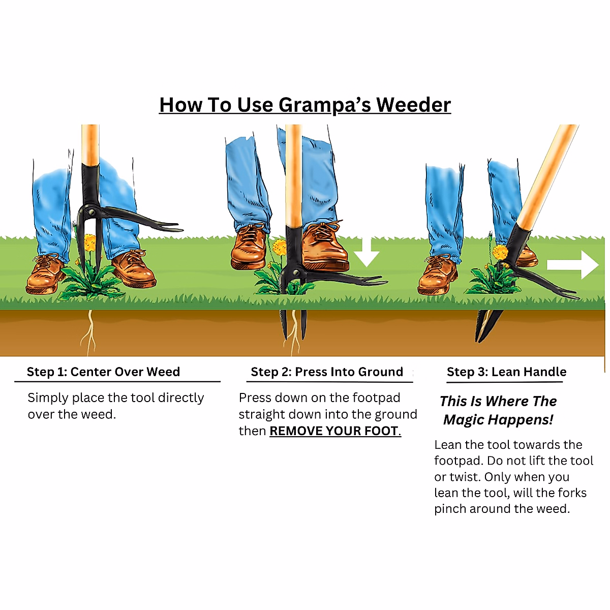 Grampa's Weeder - The Original Stand Up Weed Puller Tool with Long Handle - Made with Real Bamboo & 4-Claw Steel Head Design - Easily Remove Weeds Without Bending, Pulling, or Kneeling