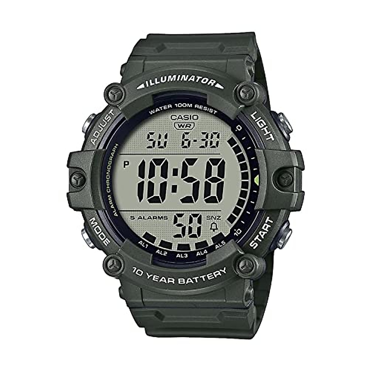 Casio Illuminator 10-Year Battery Extra Long Strap 100 M Water Resistance 5-Alarm w/Countdown Timer Men's Digital Watch, Green, AE-1500WHX-3AVCF