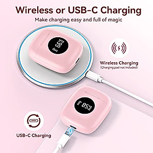 CAPOXO Wireless Earbuds V5.3 Bluetooth Headphones 50Hrs Battery Life with Wireless Charging Case & LED Power Display Deep Bass IPX7 Waterproof Earphones Microphone Stereo Headset for TV Phone, Pink