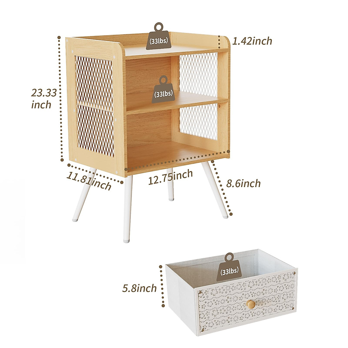 Nightstand, Bedside Table with Metal Drawers, End Table with Open Shelf, 2-Tier Open Adjustable Metal Floral Drawer Night Stand for Sofa Side Table, Bedroom Bedside Table, Maple White