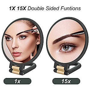 Martvex Handheld Mirror, 1x 15x Magnifying Makeup Mirror with Handle - Double Side Hand Held Mirror with 1x15x Magnification & Foldable Handle, Portable Travel Makeup Hand Mirror for Women(Black)