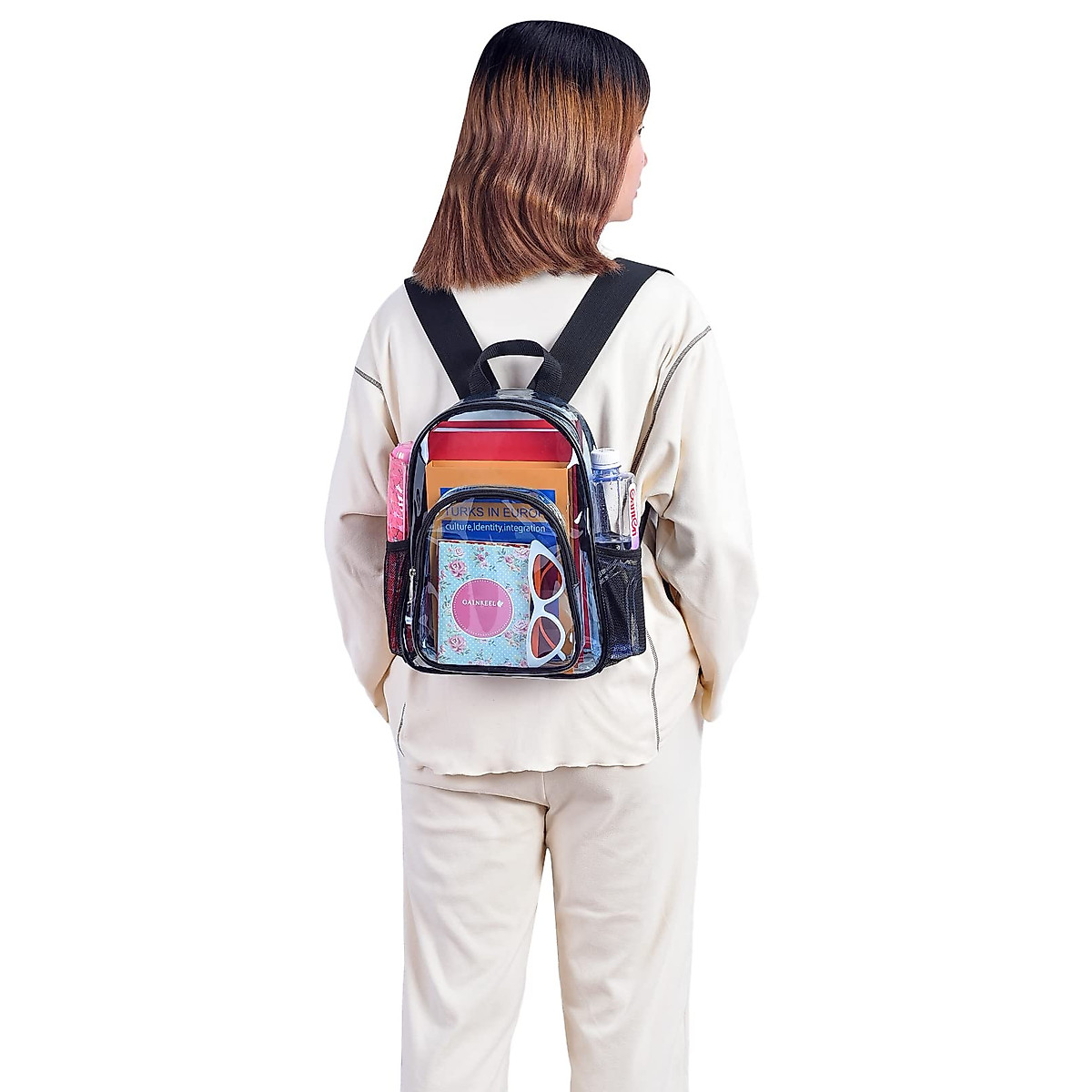 Slumou Mini Clear Backpack Stadium Approved for Women Men Heavy Duty See Through Transparent Pvc Backpacks for School Work Travel（Black）