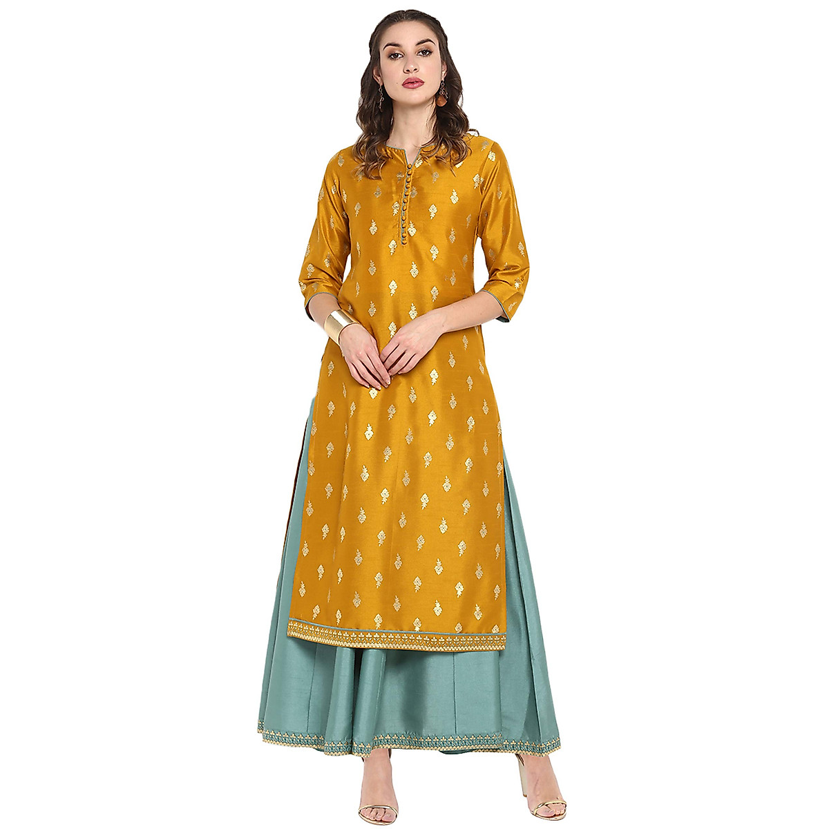 Janasya Indian Women's Mustard Foil Printed Poly Silk Ethnic Dress