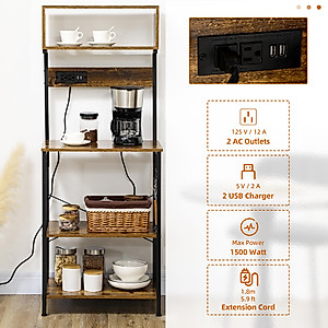 HOMCOM Kitchen Bakers Rack with Power Outlet, USB Charger, Microwave Stand, Coffee Bar with Adjustable Shelves, 5 Hooks for Spices, Pots and Pans, Rustic Brown