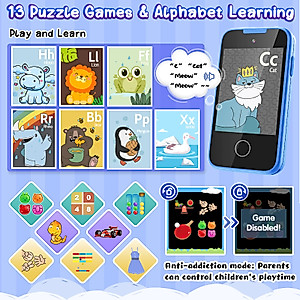 Kids Phone Toy for 3 4 5 6 Year Old, Touchscreen Kids Cell Phone Dual Camera with Music Player Flashlight Puzzle Games Alarm Learning Toys Christmas Birthday Gifts for Boys Ages 3-6 with SD Card Blue