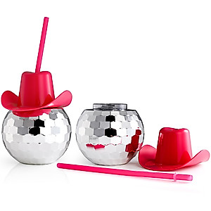 Noamus 6 Packs Disco Ball Cup Pink Straw, 22oz Flash Ball Party Cups with Cowboy Hat Lid, 70s Silver Glitter Cocktail Spherical Glass, Wine Drinking Syrup Tea Bottle for Bar Nightclub Supply Halloween