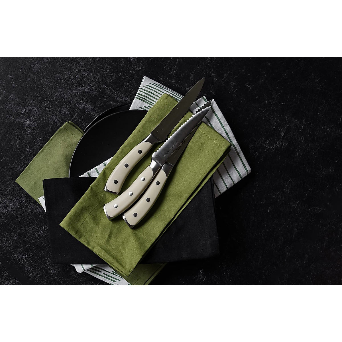 DURA LIVING 4-Piece Serrated Kitchen Steak Knife Set – Forged High Carbon Stainless Steel, Ultra Sharp, Ergonomic Black Handles, Durable Dinner Knives, Cream Handle