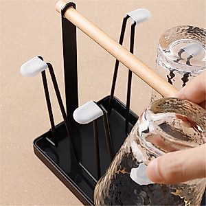 PENGQIMM 6 Cups Mug Glass Stand Holder Metal,Cup Drying Rack Stand with Drain Tray,Cup Hanging Drainer Upside-Down,Metal Bottle Drying Organizer with Handle Cup Drying Holder Stand,Bottle Drying Rack