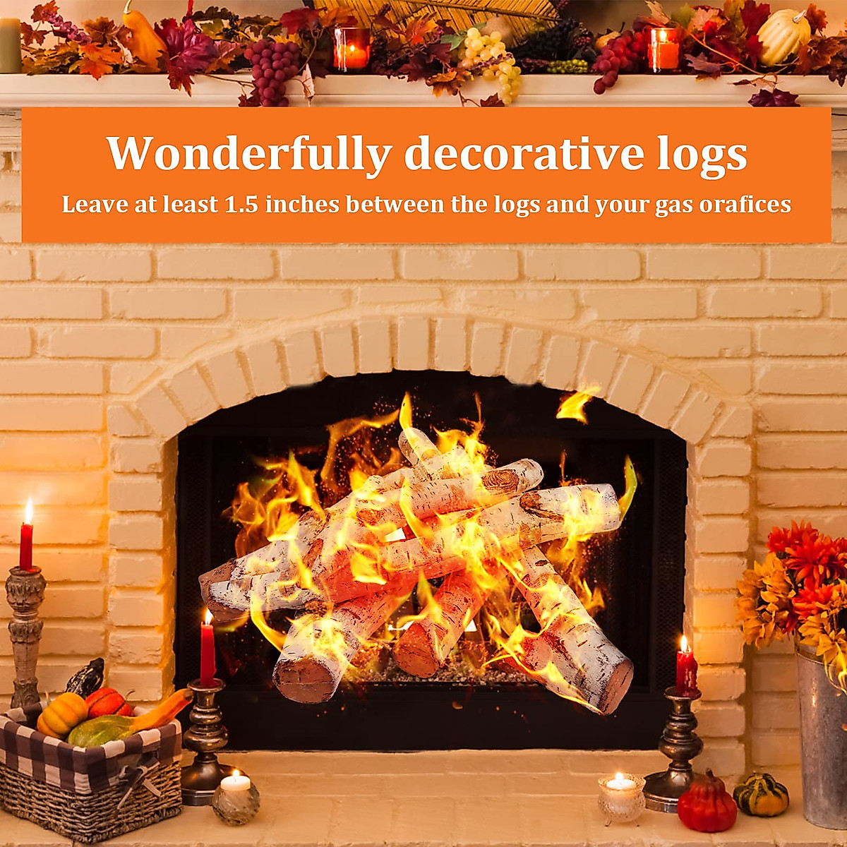 Uniflasy 26.8" Gas Fireplace Log Set, Ceramic White Birch for Intdoor Inserts, Vented, Propane, Electric Gas Fireplaces, Outdoor, Linear Fire Pits Ceramic Fiber Fake Wood Logs, Fireplace Decor, 6pcs