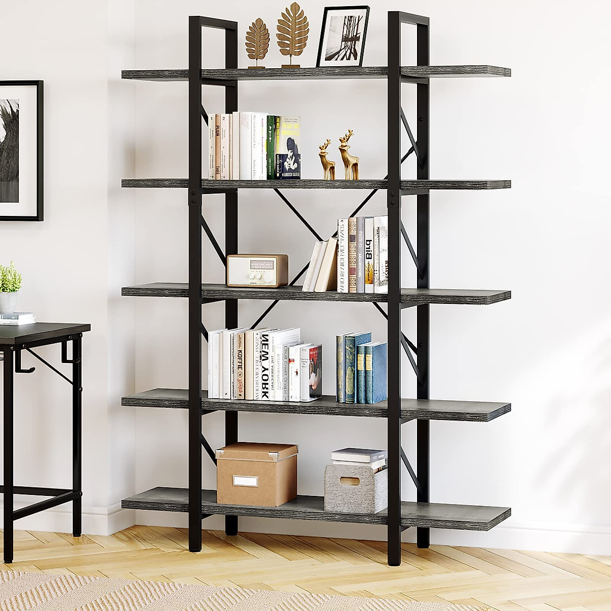 YITAHOME 5 Tier Bookshelf, 70.9" Tall Industrial Bookcase, Wide Open Display Storage Book Shelf for Living Room/Bedroom/Home/Office, Charcoal Gray