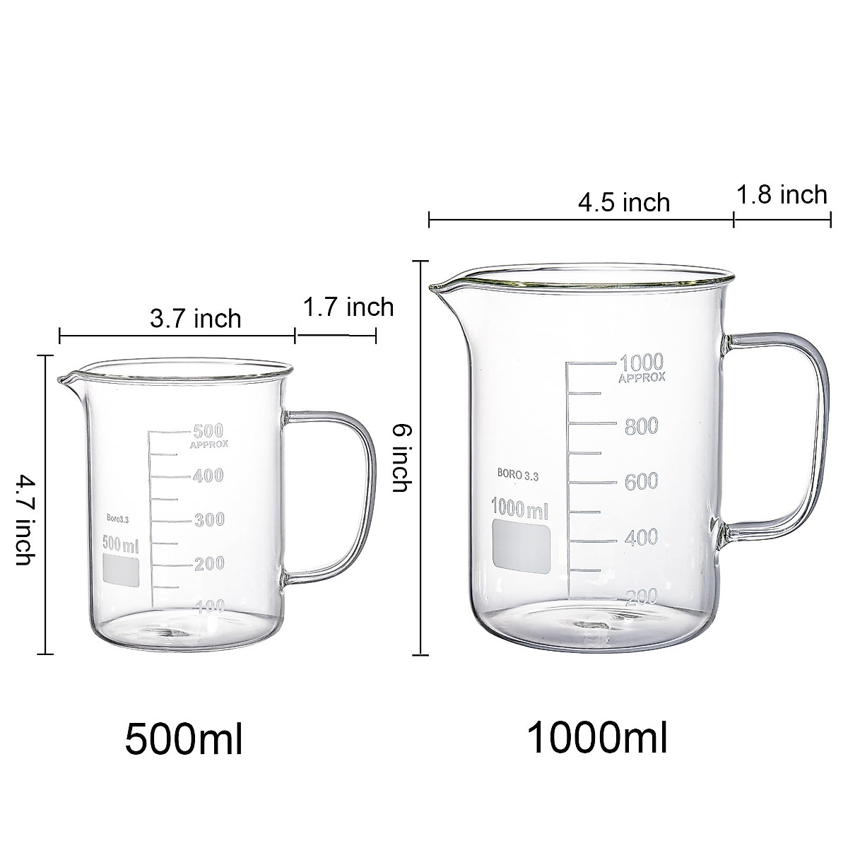 Yarlung Set of 2 Glass Beaker with Handle, Graduated Measuring Beakers Thick Boro 3.3, Griffin Low Form 500/1000ml