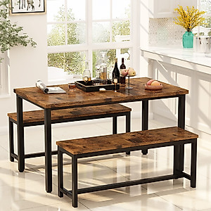 AWQM Dining Room Table Set, Kitchen Table Set with 2 Benches, Ideal for Home, Kitchen and Dining Room, Breakfast Table of 47.2x28.7x28.7 inches, Benches of 40.5x11.0x17.7 inches, Rustic Brown