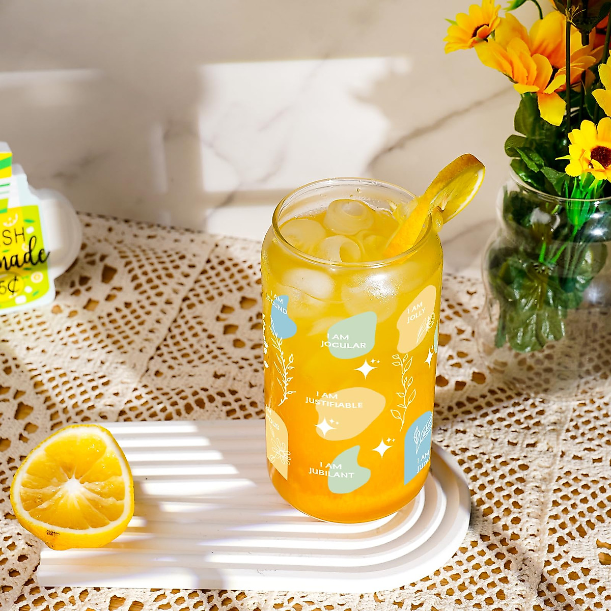 Initial Glass Cups with Lids and Straws, Personalized Gifts for Women 18 oz Iced Coffee Cup Glass Tumbler, Cute Glass Cups Inspirational Birthday Christmas Gifts for Women Girls (J)