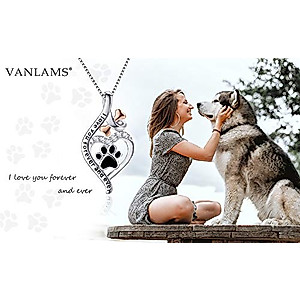 VANLAMS Womens 925 Sterling Silver Bone Love Heart Dog Paw Print Pendant Necklace I Love You Forever and Ever, Gifts for Dog Owner (Silver & Rose Gold)