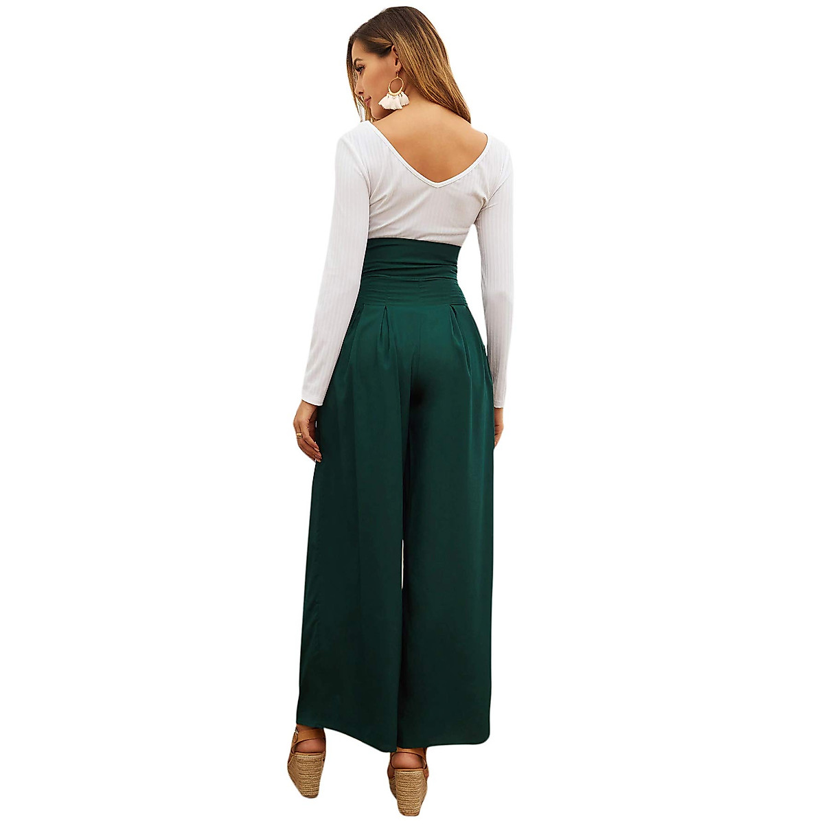SweatyRocks Women's Casual High Waist Belted Wide Leg Pants with Pocket Green L