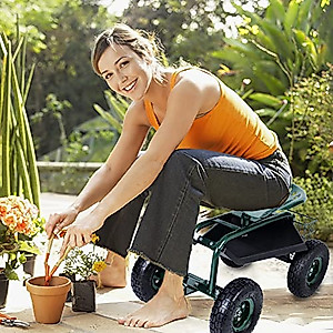 Endynino Rolling Garden Cart Wagon Scooter Lawn Yard Patio Work Seat Gardening Stool Cart with Extendable Steer Handle and Storage Basket, Adjustable 360° Swivel Seat Outdoor, Green