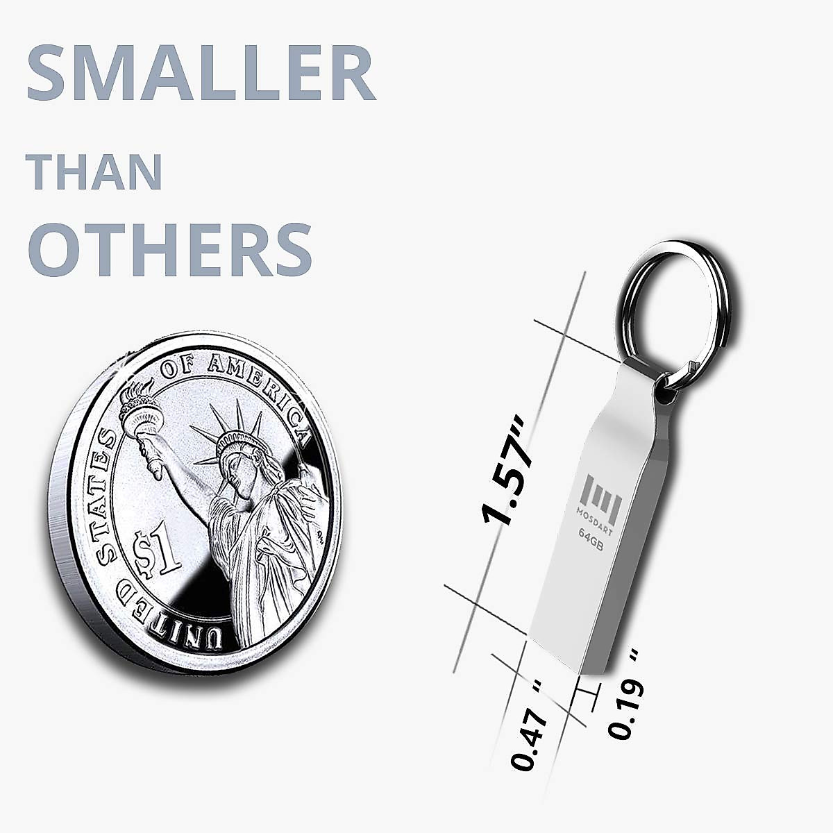 MOSDART 64GB Waterproof Metal USB 2.0 Flash Drive - Keychain Thumb Drive Memory Stick Jump Drive Data Storage for Computers - exFAT, Shockproof and Dustproof (Silver)