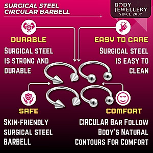 bodyjewellery 4pcs 18g Horseshoe Ring Circular Cartilage Spider Bite Surgical Steel Nose Lip Cartilage Hoop Septum Tragus Stud Ear Eyebrow BBEP 10mm