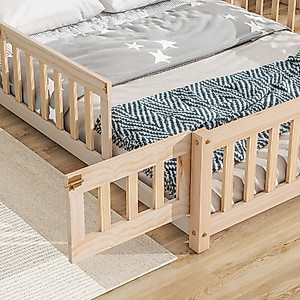 LostCat Full Size Floor Bed Frame with Fence & Door, Montessori Floor Bed with House-Shaped Headboard, Floor Bed for Kids Boys Girls, Easy Assembly, Natural