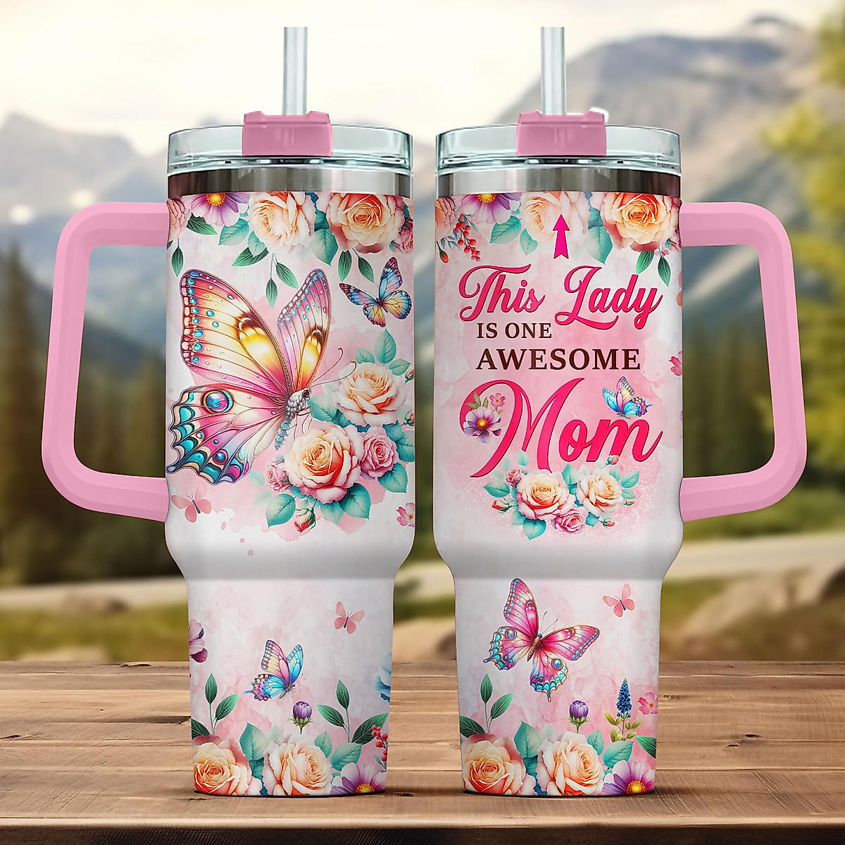 99OWL Mom Gifts, Tumbler 40 Oz With Handle Lid And Straw, Lady Mom Colorful Butterfly Floral, Coffee Tumblers Mommy Red Day Handle Primrose To Funny Flower Parade Eleven Cups