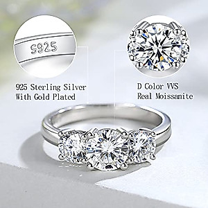 YODEWA 3 Stone Moissanite Engagement Rings 925 Sterling Silver 2ct D Color VVS Lab Created Diamond Round Cut Sparkling Wedding Band for Women Size 7