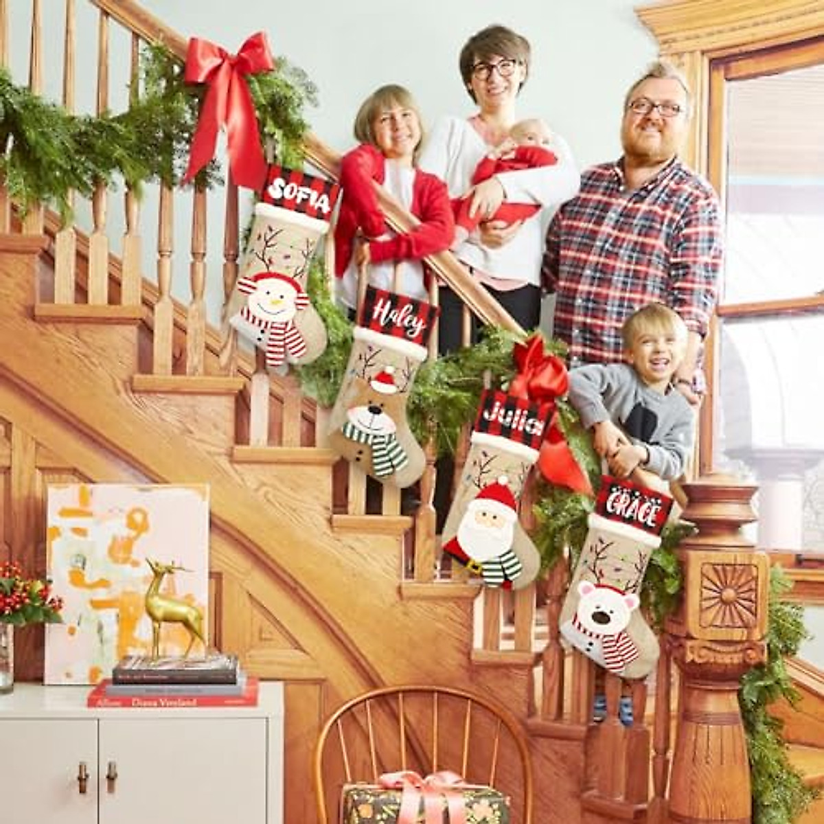 Dreamdecor Christmas Stockings Personalized with Name, 18" Christmas Stocking Deer Gnome Santa Snowman Burlap Plaid Xmas Stocking Holiday Christmas Decoration Gifts for Family Kids