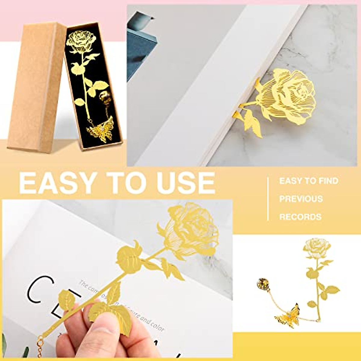 4 Pack Metal Golden Rose Bookmarks Flower Bookmark Cute Bookmarks with 3D Butterfly Pendant Chain and Box Teacher Mom Appreciation Birthday Gifts for Reader Book Lover