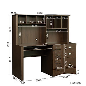 Computer Desk, Modern Wooden Home Office Desk Student Desk with Drawers and Bookshelf, Multifunctional Computer Desk Writing Table with Keyboard and Hutch for Small Space Bedroom Study, Walnut