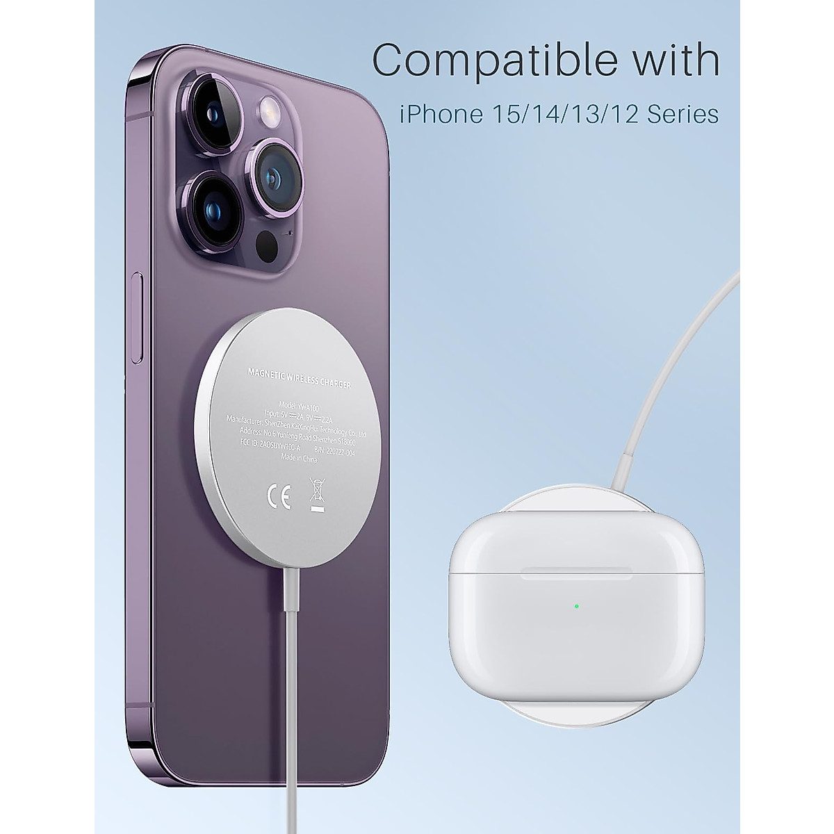 YLLZI Magnetic Wireless Charger for iPhone 15 14 13 12 Pro Max Plus Mini,for Airpods 3/2/Pro,Fast Charging Pad,Silver