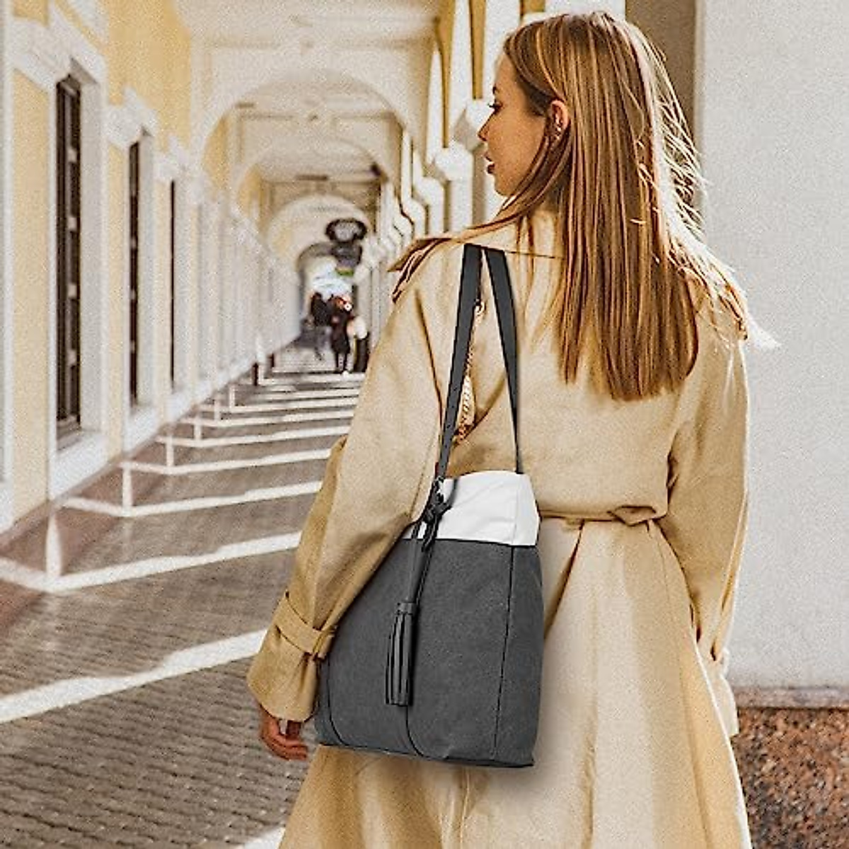 Tote Bag with Zipper for Women,Laptop Tote Purse with Cup Holder & Compartments for Work Travel Nurse Teacher College,Bolso para Mujer,Canvas,Gray