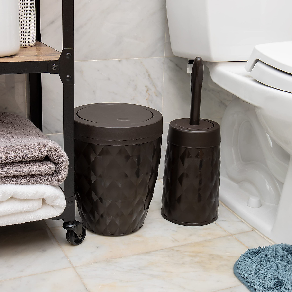 Mind Reader Basket Collection, Round Wastepaper Basket with Swivel Lid and Toilet Brush Set, Bathroom, 2 Piece Set, Bin is 8.75"W x 11.25"H and the brush is 15.25" H, 8.75"L x 8.75"W x 11.25"H, Brown