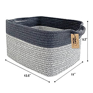 COMFY-HOMI Medium Rectangle Soft Cotton Rope Basket With Handles for Shelf, Gift, Towel, Blanket Storage Basket for Dog Toys Bin, Kid’s Room, Decorative Farmhouse 13.5" x 11" x 9.5"-Light Grey